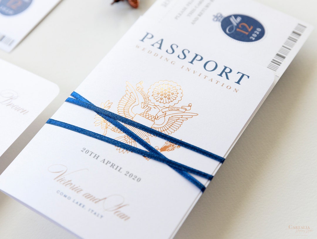 Elegant Passport Style Wedding Invitations in Luxe Rose Gold ...