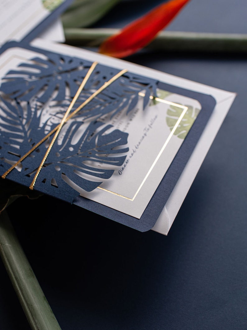 Monstera Invitation Navy Blue Leaf Laser Cut Wedding - Etsy