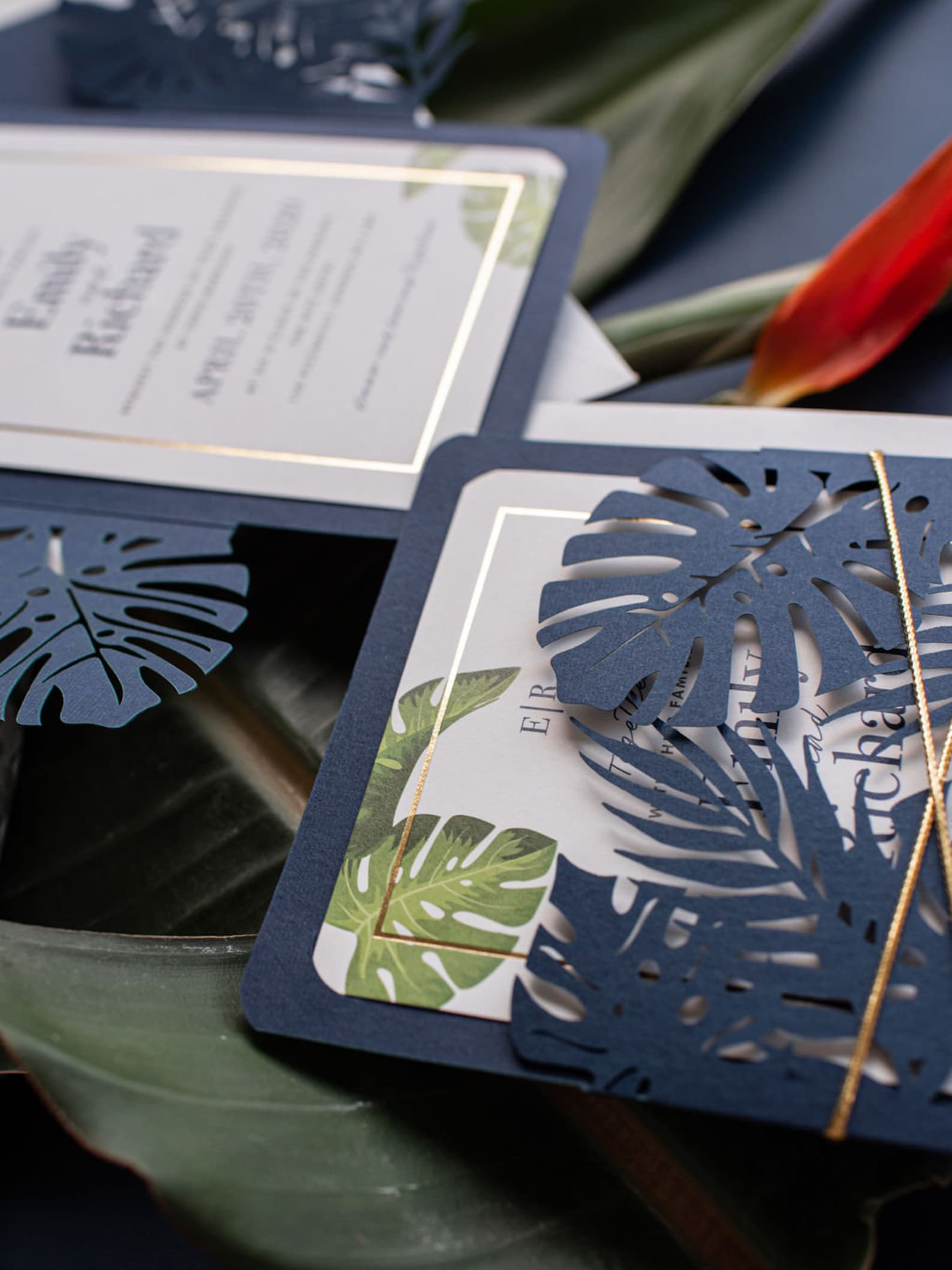 Monstera Invitation Navy Blue Leaf Laser Cut Wedding - Etsy