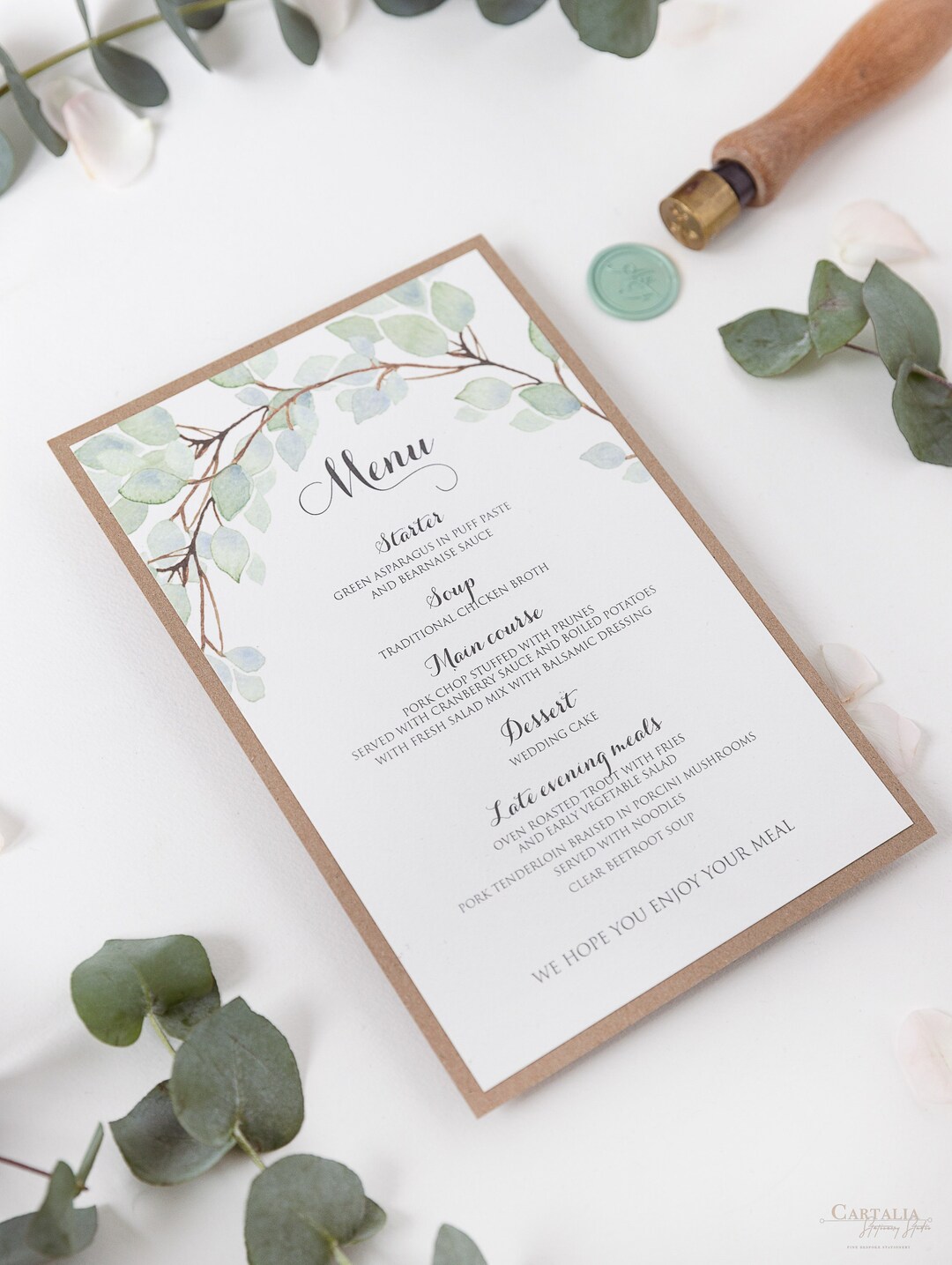 Greenery Watercolour Leaf Rustic Wedding Menu Cards , Evening Reception ...