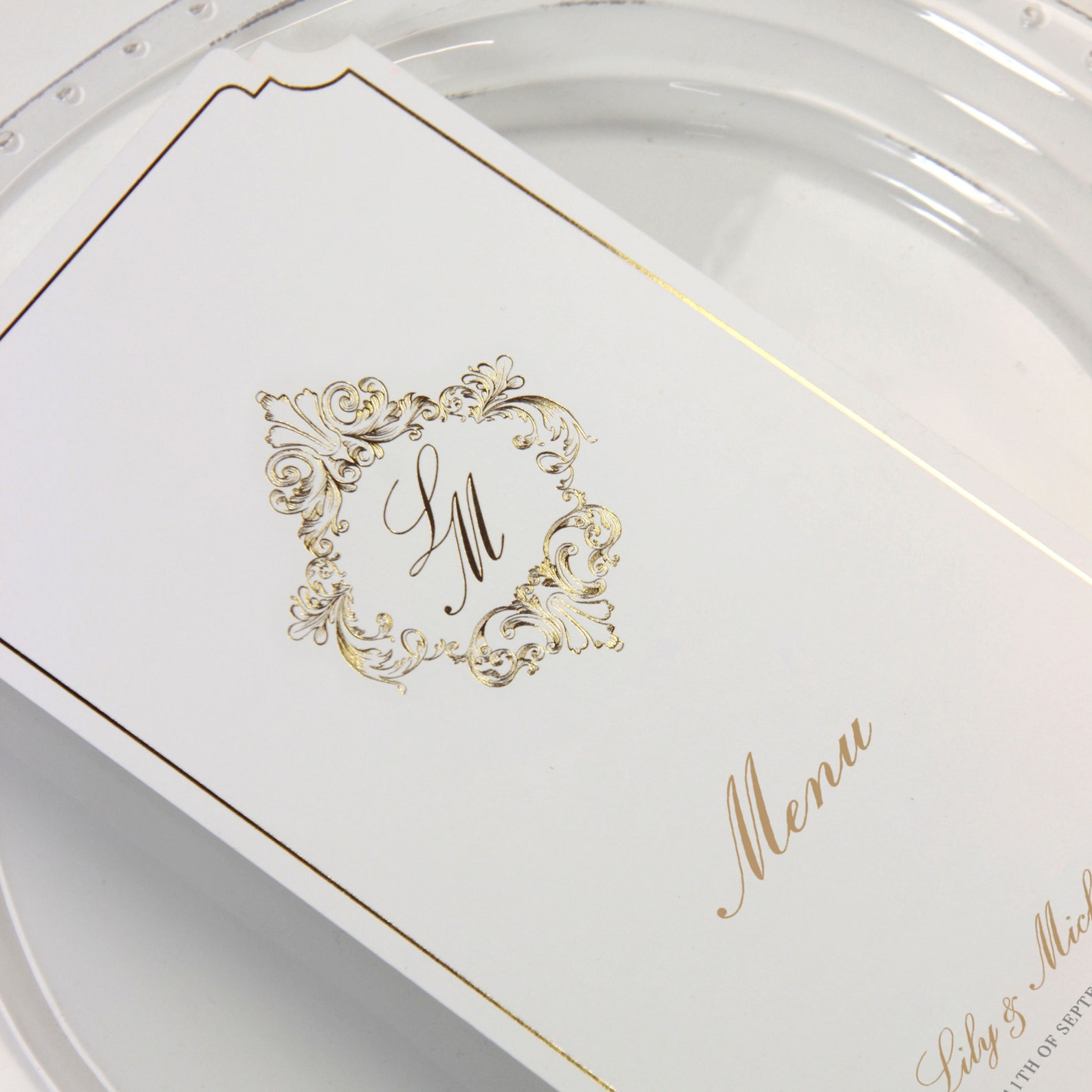 Luxury Plate Menu With Deckled Edge & Gold Foil Monogram - Etsy