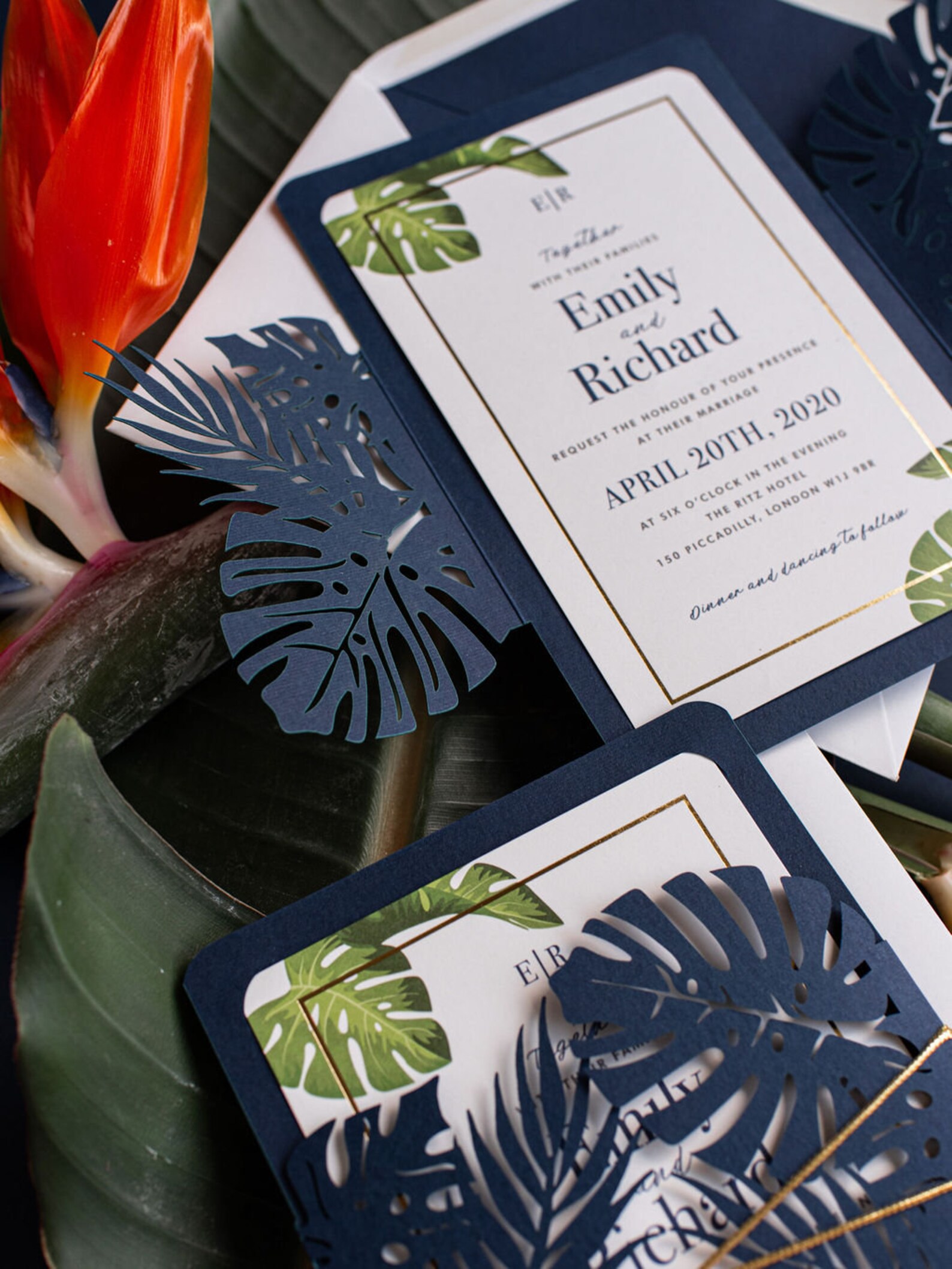Monstera Invitation Navy Blue Leaf Laser Cut Wedding - Etsy