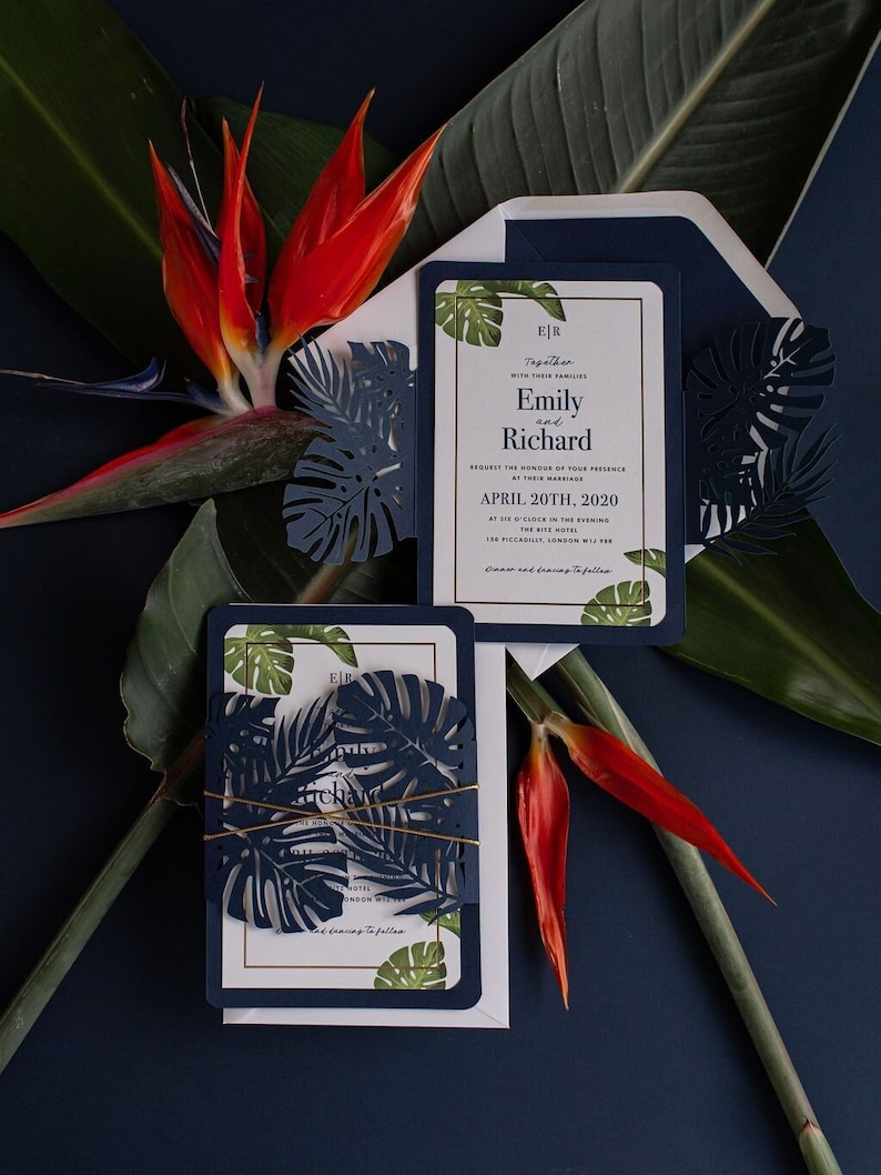 Monstera Invitation Navy Blue Leaf Laser Cut Wedding - Etsy