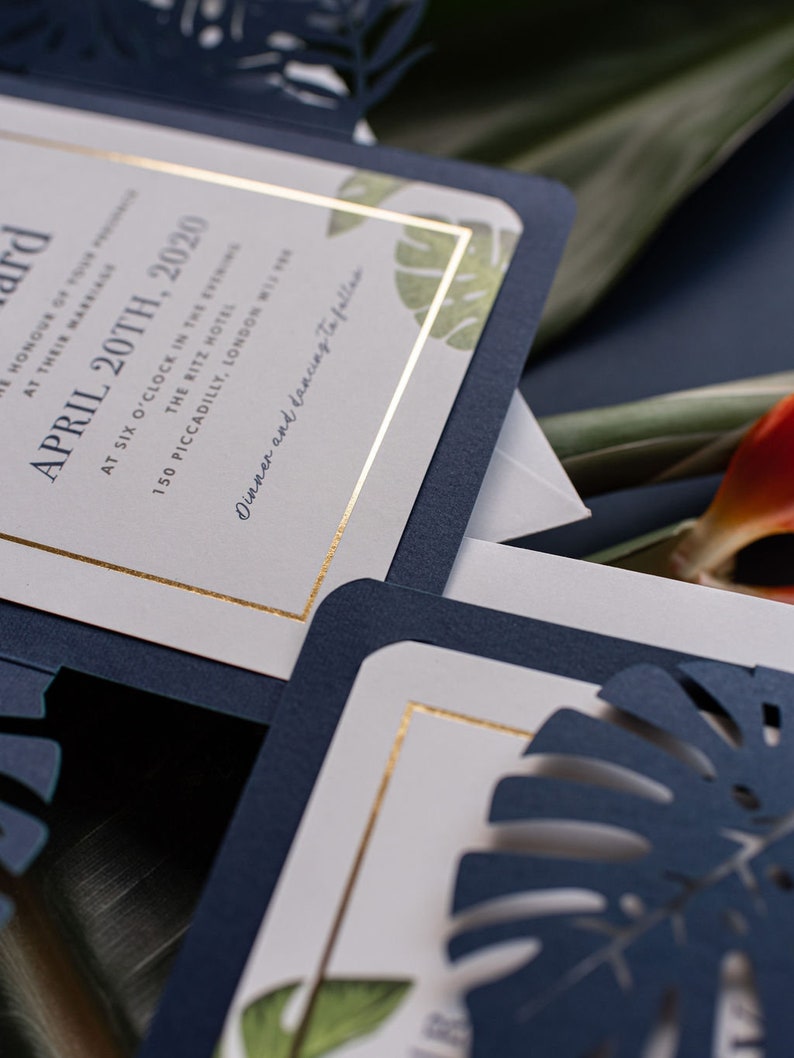 Monstera Invitation Navy Blue Leaf Laser Cut Wedding - Etsy