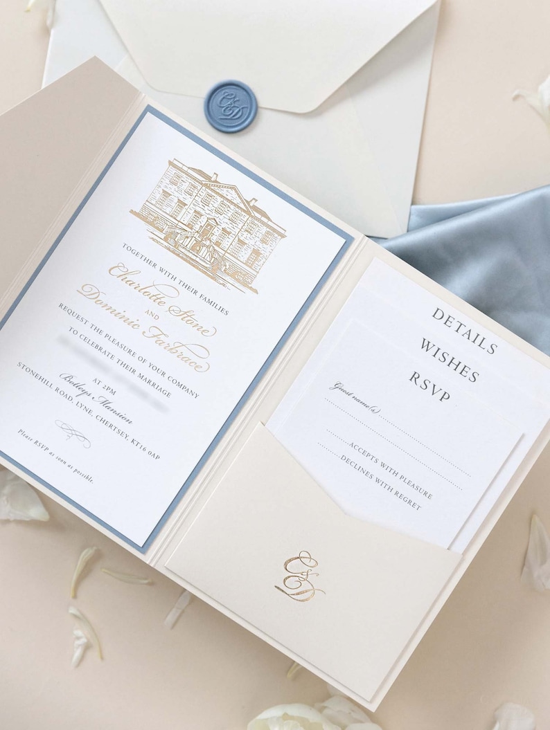 Bespoke Wedding Venue Illustration Venue Invitation in Dusty Blue ...