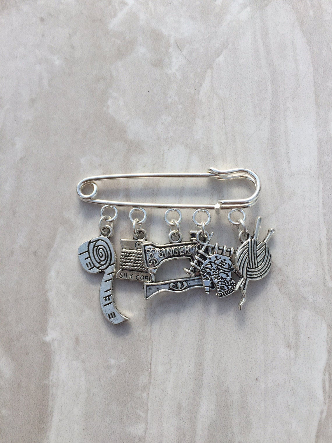 Knitting Themed Charm Brooch, Sewing Themed Brooch, Kilt Pin, Silver ...
