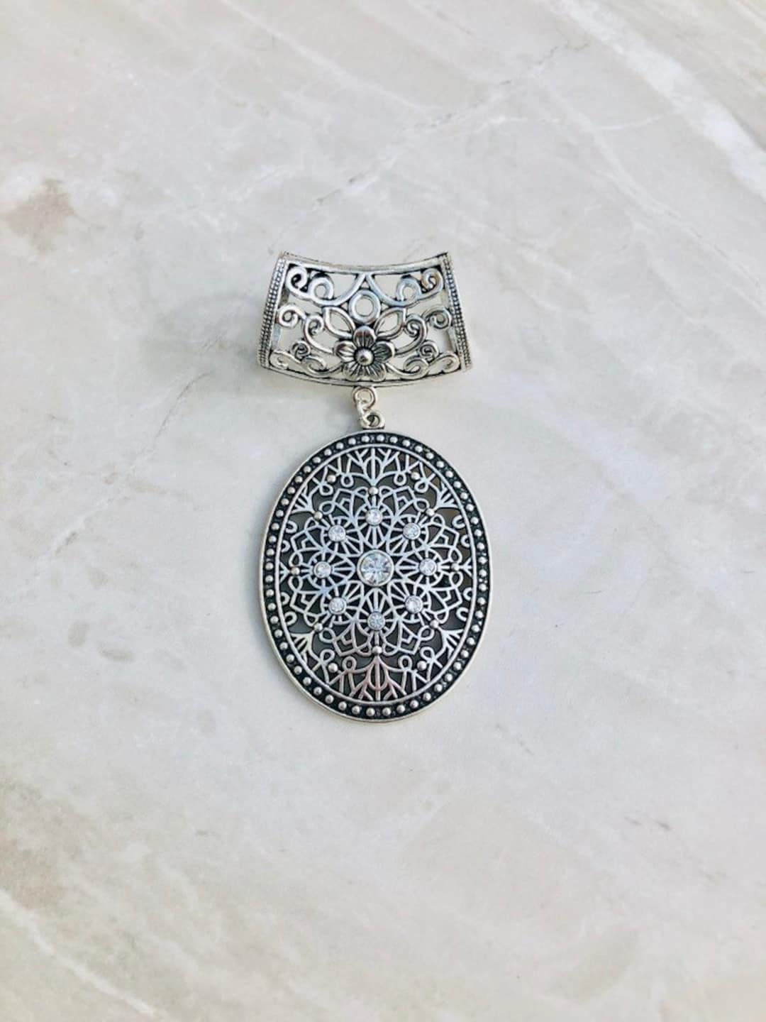 Large Rhinestone Scarf Bail, Silver Scarf Bail, Scarf Pendant, Scarf ...