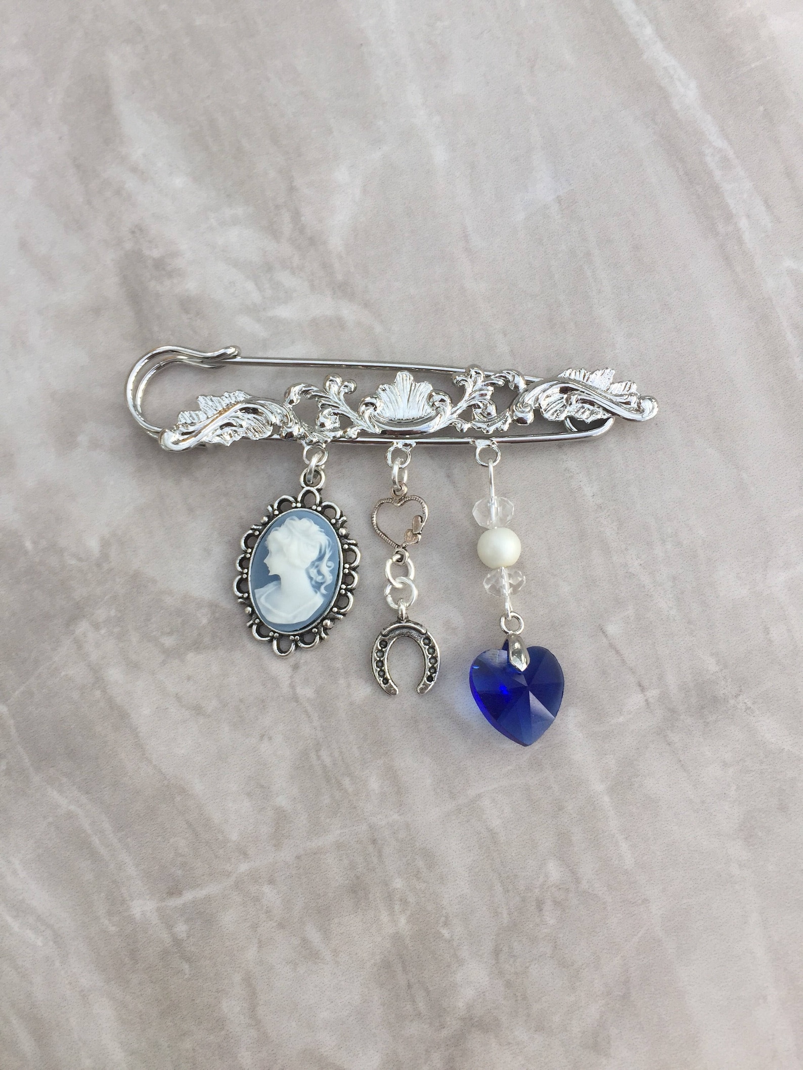 Large Ornate Bridal Charm Brooch Something Old Something New - Etsy UK