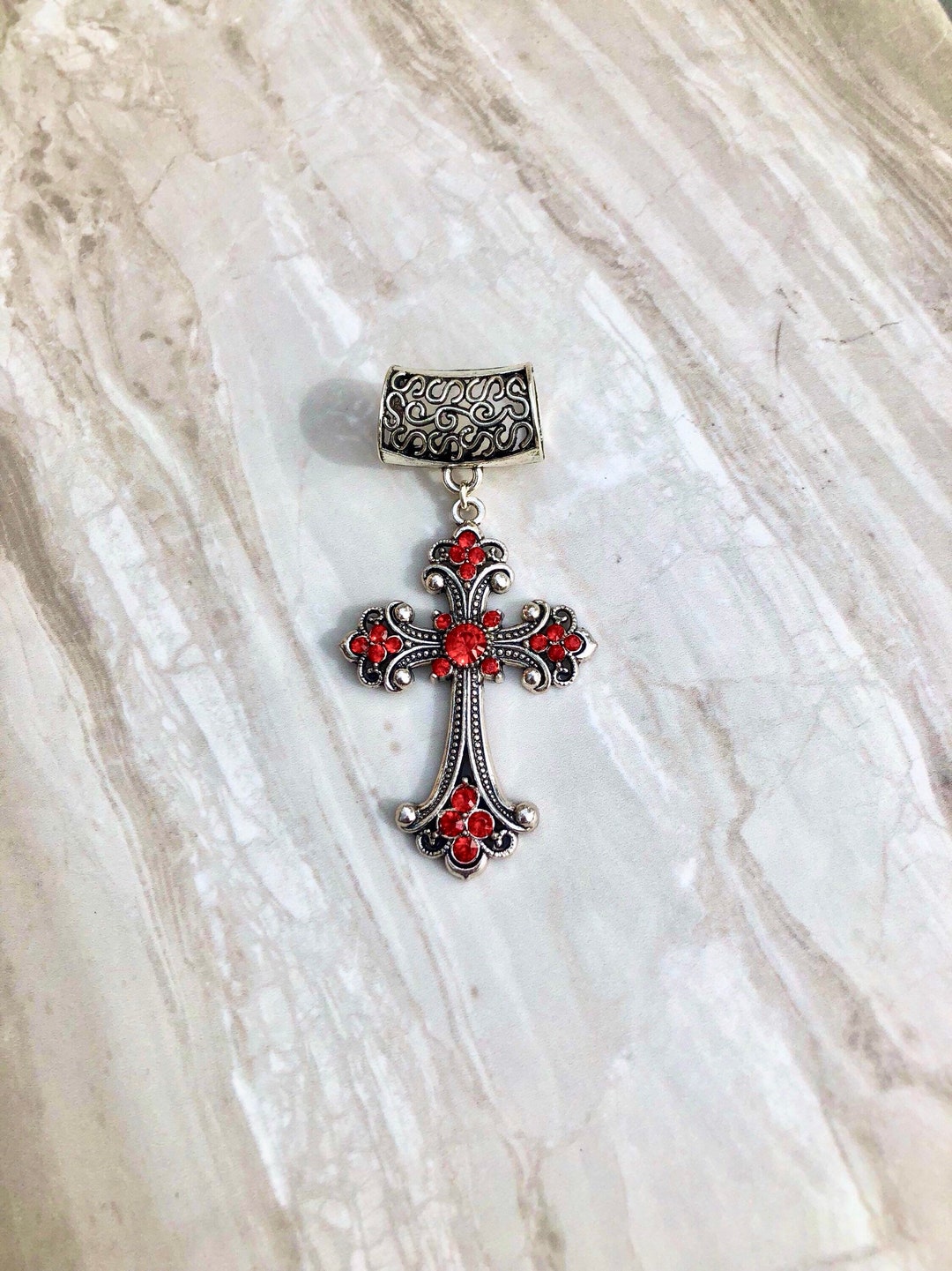 Red Rhinestone Cross Scarf Bail, Silver Scarf Bail, Scarf Pendant ...