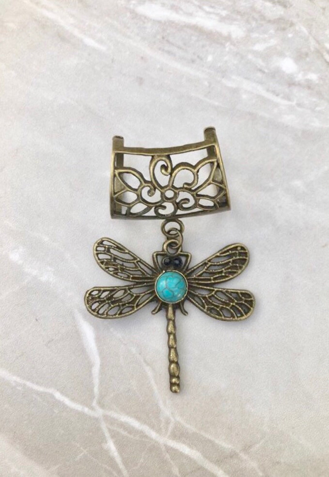 Large Bronze Dragonfly Scarf Ring With Turquoise Stone - Scarf Ring ...