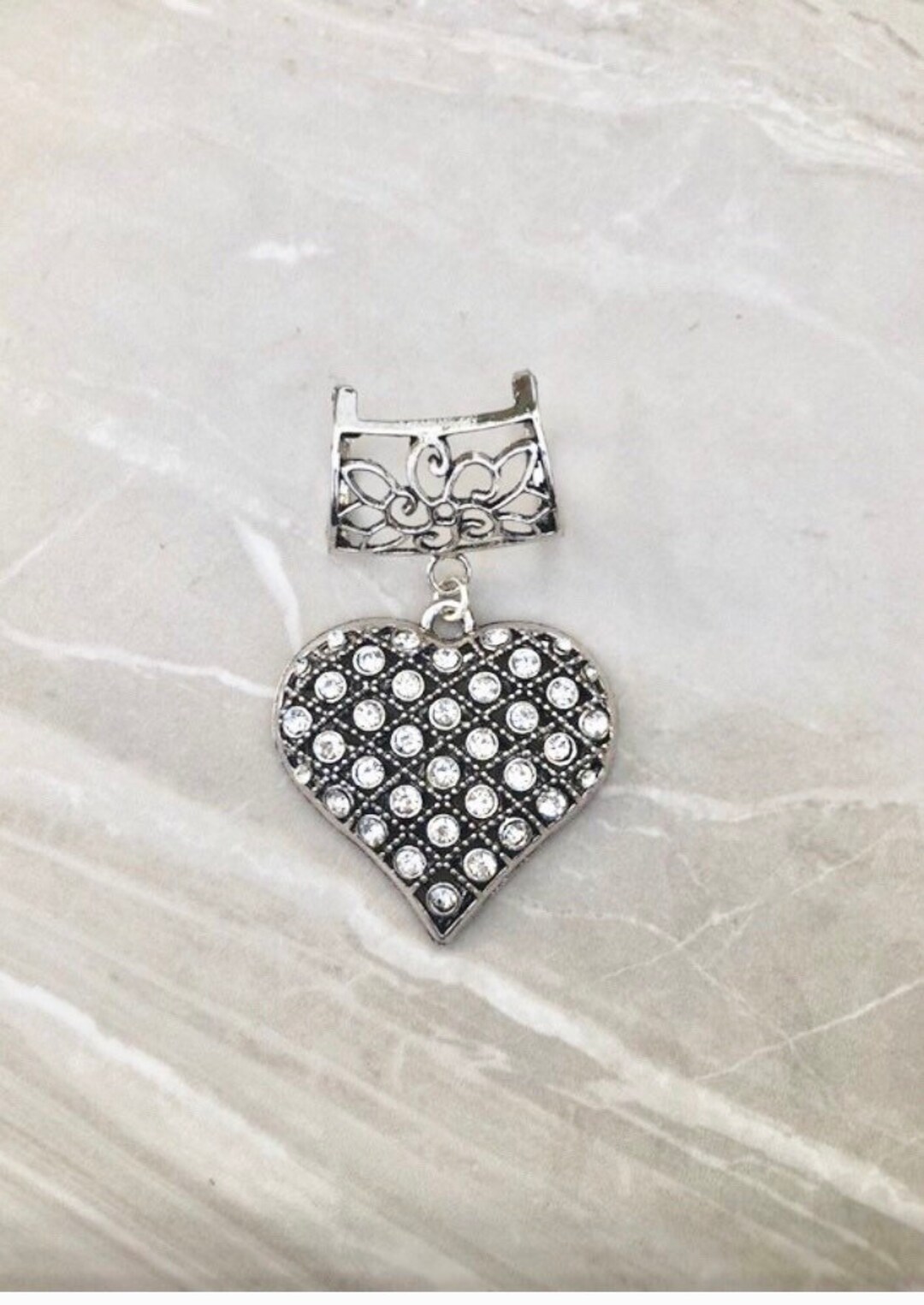 Large Rhinestone Heart Scarf Bail, Silver Scarf Bail, Scarf Pendant ...