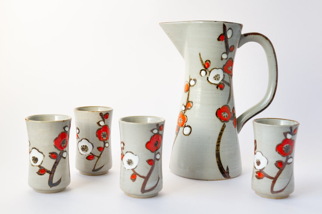 Handmade Pottery Jug and Cups, Grey Ceramic Carafe Set, Four Small Cups ...