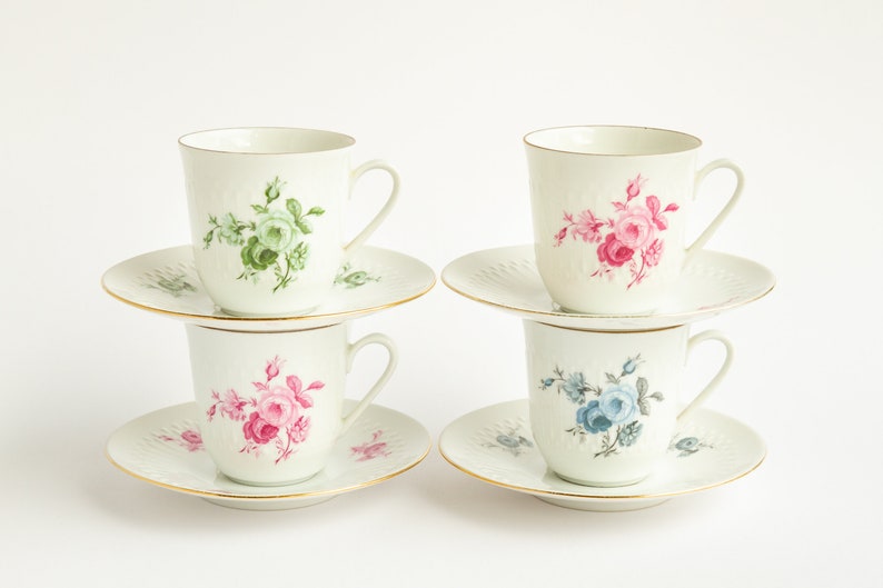 Four Luxor Porcelain Espresso Cups and Saucers, China Mocha Cups, Roses ...