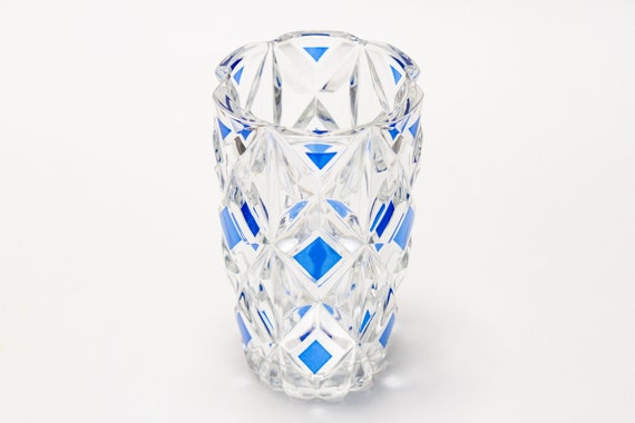 Rare Luminarc clear glass vase with blue geometric shapes | Etsy