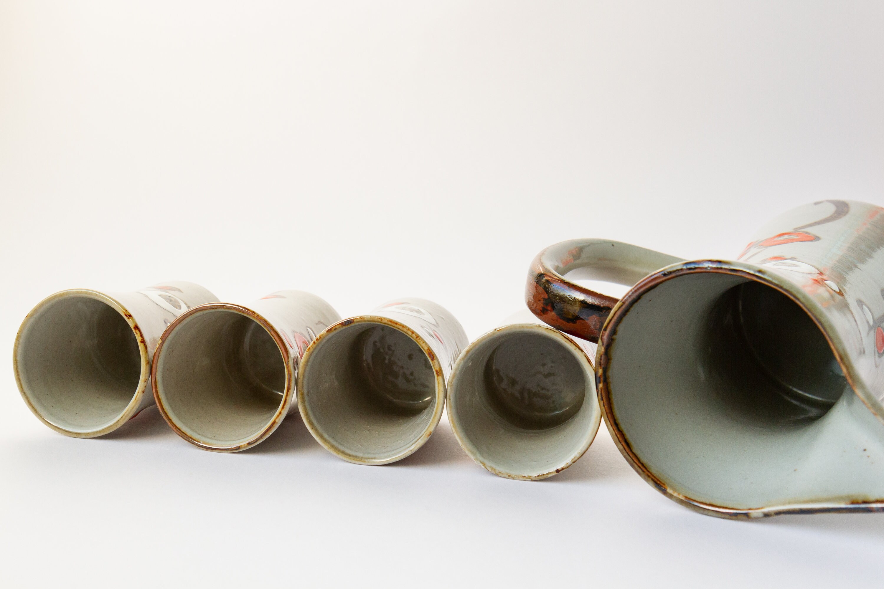 Handmade Pottery Jug and Cups, Grey Ceramic Carafe Set, Four Small Cups ...