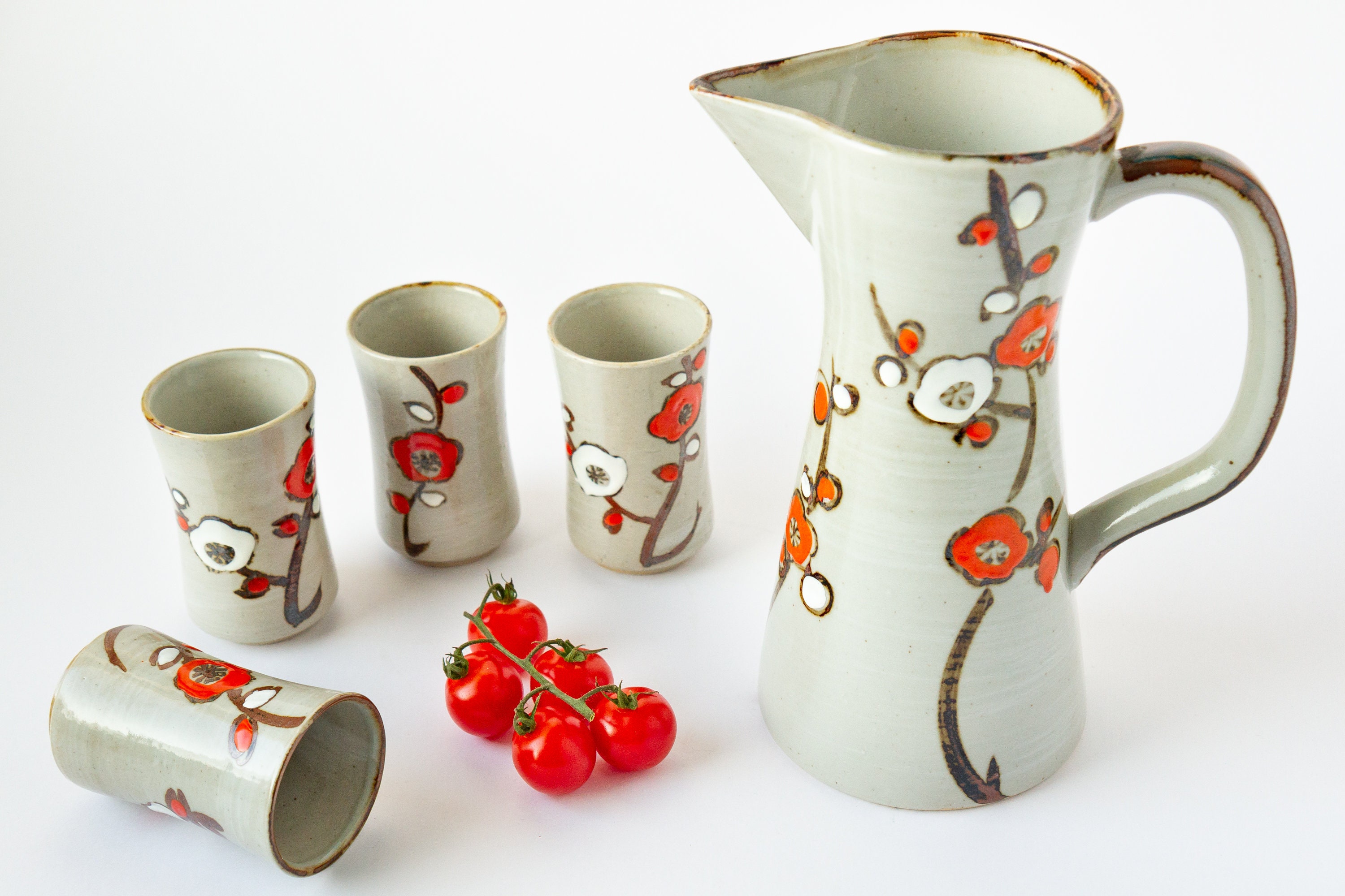 Handmade Pottery Jug and Cups, Grey Ceramic Carafe Set, Four Small Cups ...