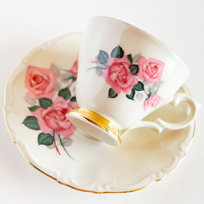 Kronester Bavaria Roses Cups and Saucers, Pink Rose, Red Rose, German Porcelain Cups, Romantic ...