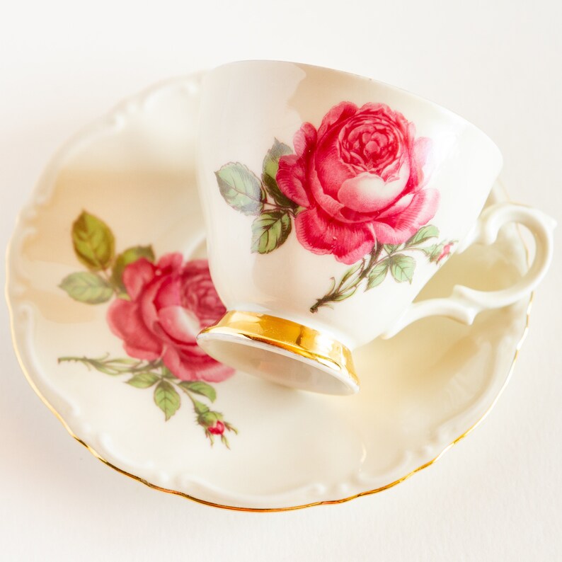 Kronester Bavaria Roses Cups and Saucers, Pink Rose, Red Rose, German ...