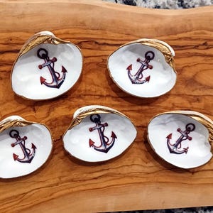 Nautical Anchor Decoupage Clam Shell Trinket Dish in Gold, White, & Red ...