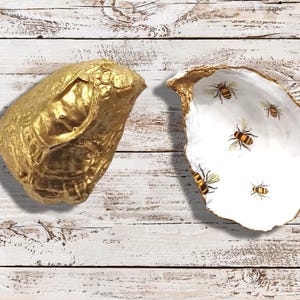 Bumble Bee Decoupage Oyster Shell - Gold and White Ring Dish, Painted ...