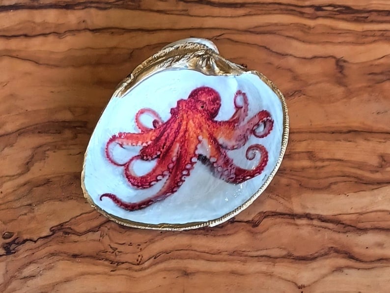 Octopus Decoupage Clam Shell - Gold and White Ring Dish, Painted ...
