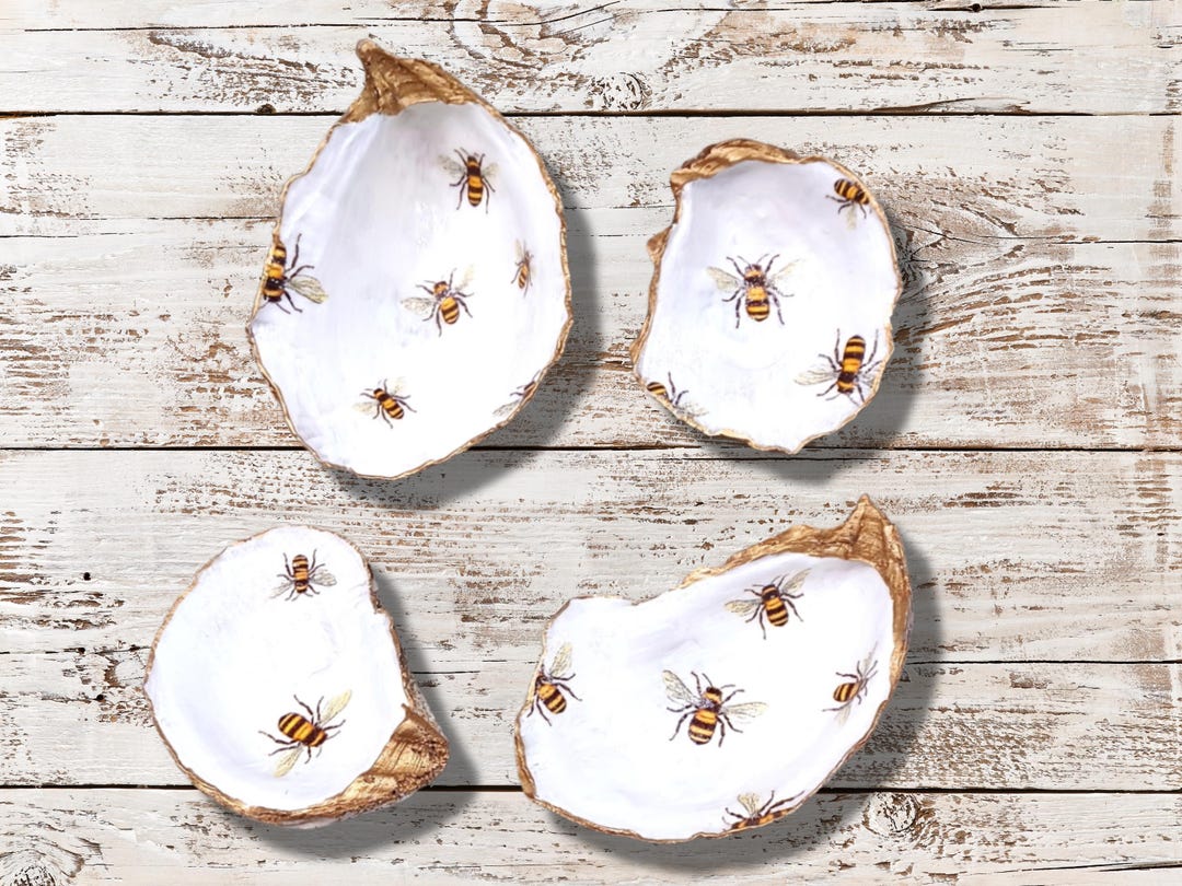 Bumble Bee Decoupage Oyster Shell - Gold and White Ring Dish, Painted ...