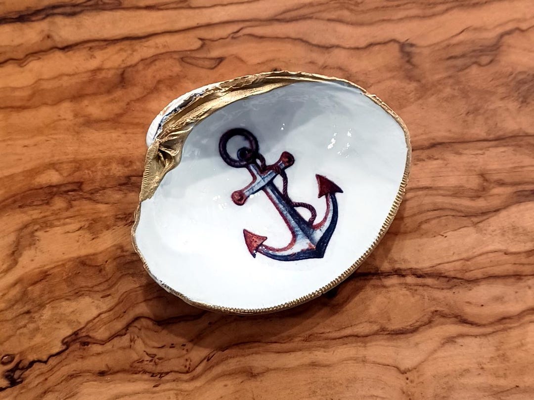 Nautical Anchor Decoupage Clam Shell Trinket Dish in Gold, White, & Red ...