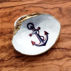 Nautical Anchor Decoupage Clam Shell Trinket Dish in Gold, White, & Red ...