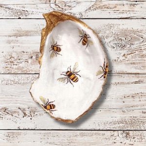 Bumble Bee Decoupage Oyster Shell - Gold and White Ring Dish, Painted ...