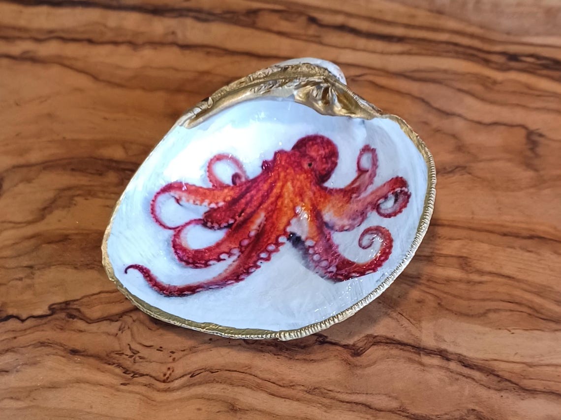 Octopus Decoupage Clam Shell - Gold and White Ring Dish, Painted ...