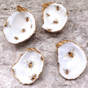 Bumble Bee Decoupage Oyster Shell - Gold and White Ring Dish, Painted ...