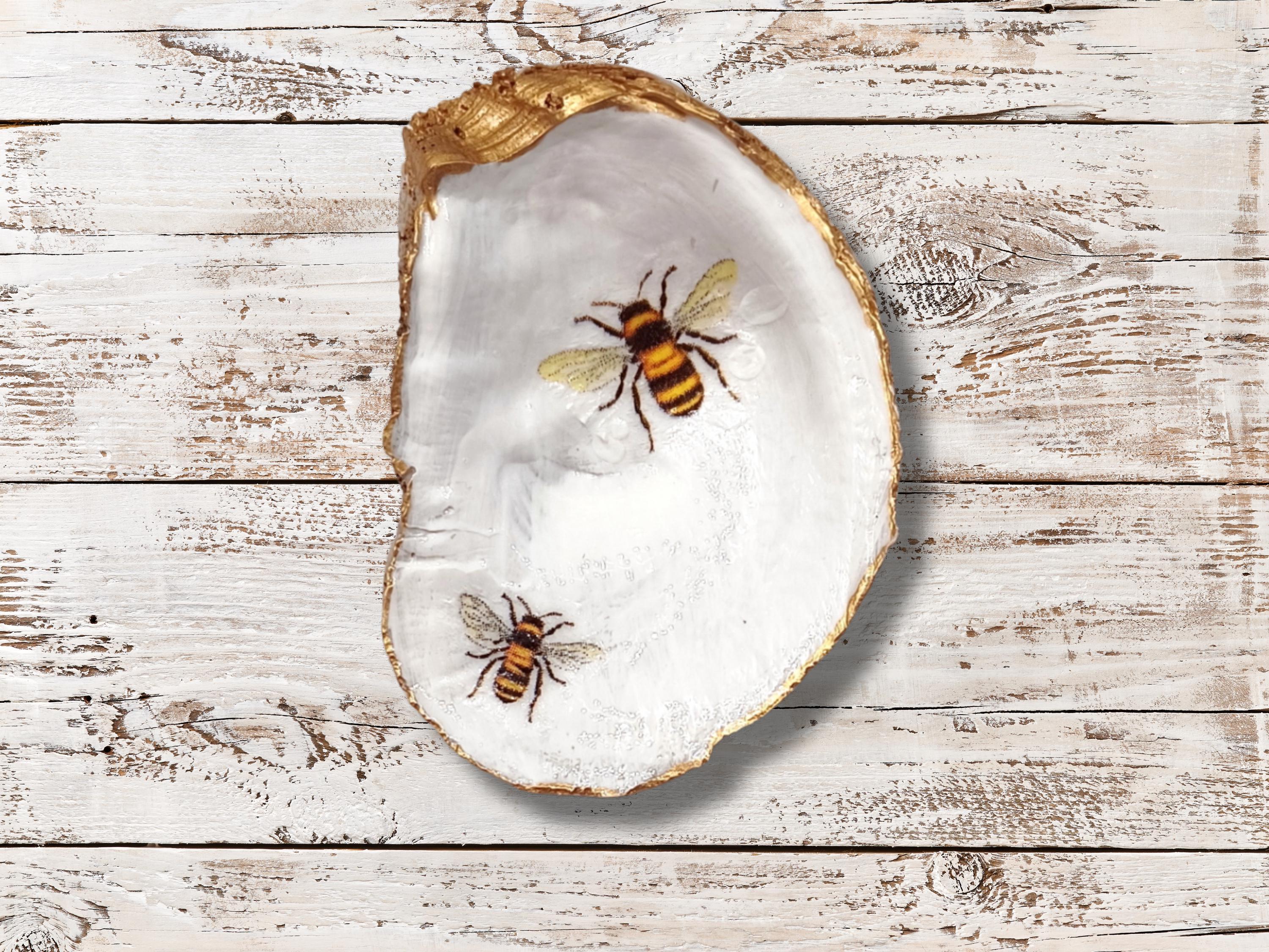 Bumble Bee Decoupage Oyster Shell - Gold and White Ring Dish, Painted ...