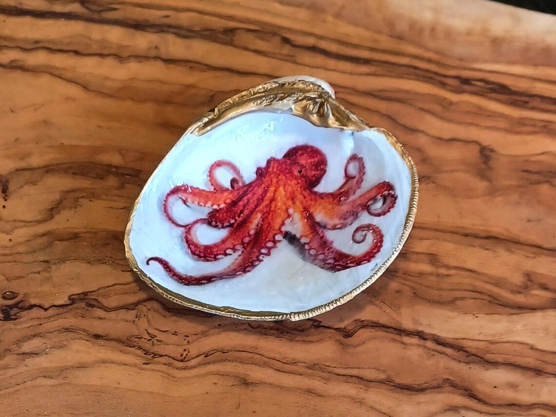 Octopus Decoupage Clam Shell - Gold and White Ring Dish, Painted ...