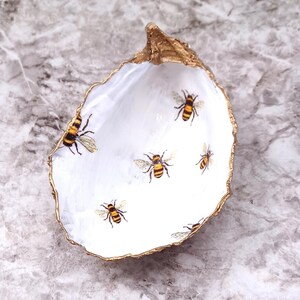 Bumble Bee Decoupage Oyster Shell - Gold and White Ring Dish, Painted ...