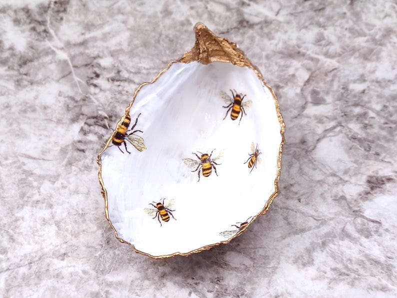 Bumble Bee Decoupage Oyster Shell - Gold and White Ring Dish, Painted ...
