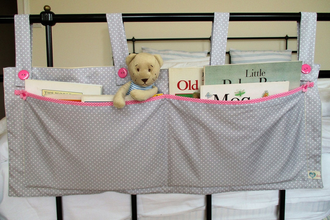 Handmade Baby Cot Tidy: Grey Spot, Pink Trim Book Holder - Etsy UK