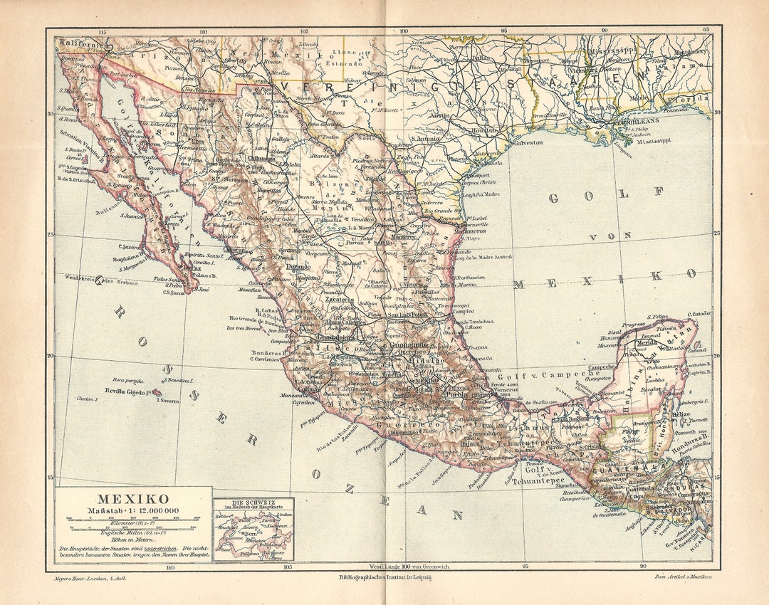 1885 Mexico Antique Map Original Color Lithograph Print North America ...
