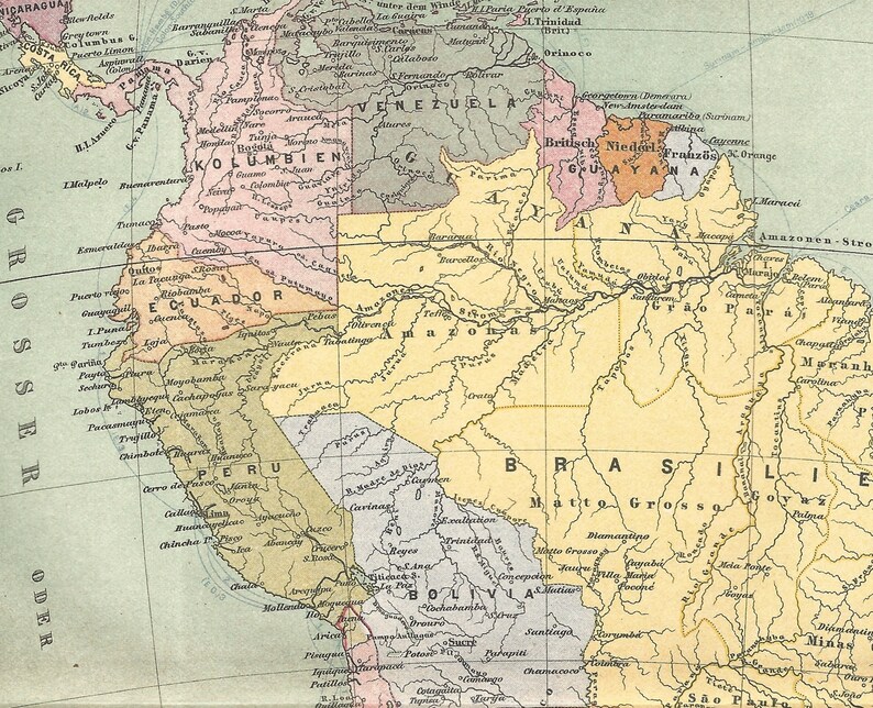 1885 Political Map of South America Original Antique Color Lithograph ...