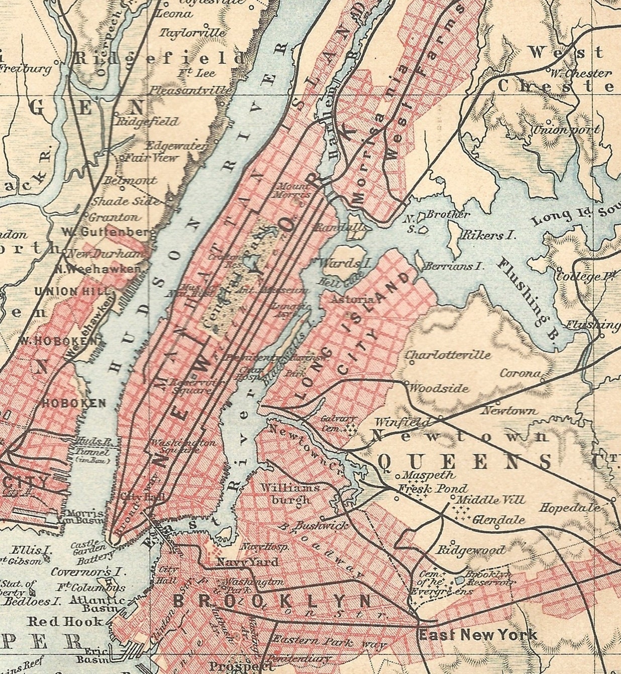 1885 Map of New York Manhattan Brooklyn Queens Long Island Newark ...