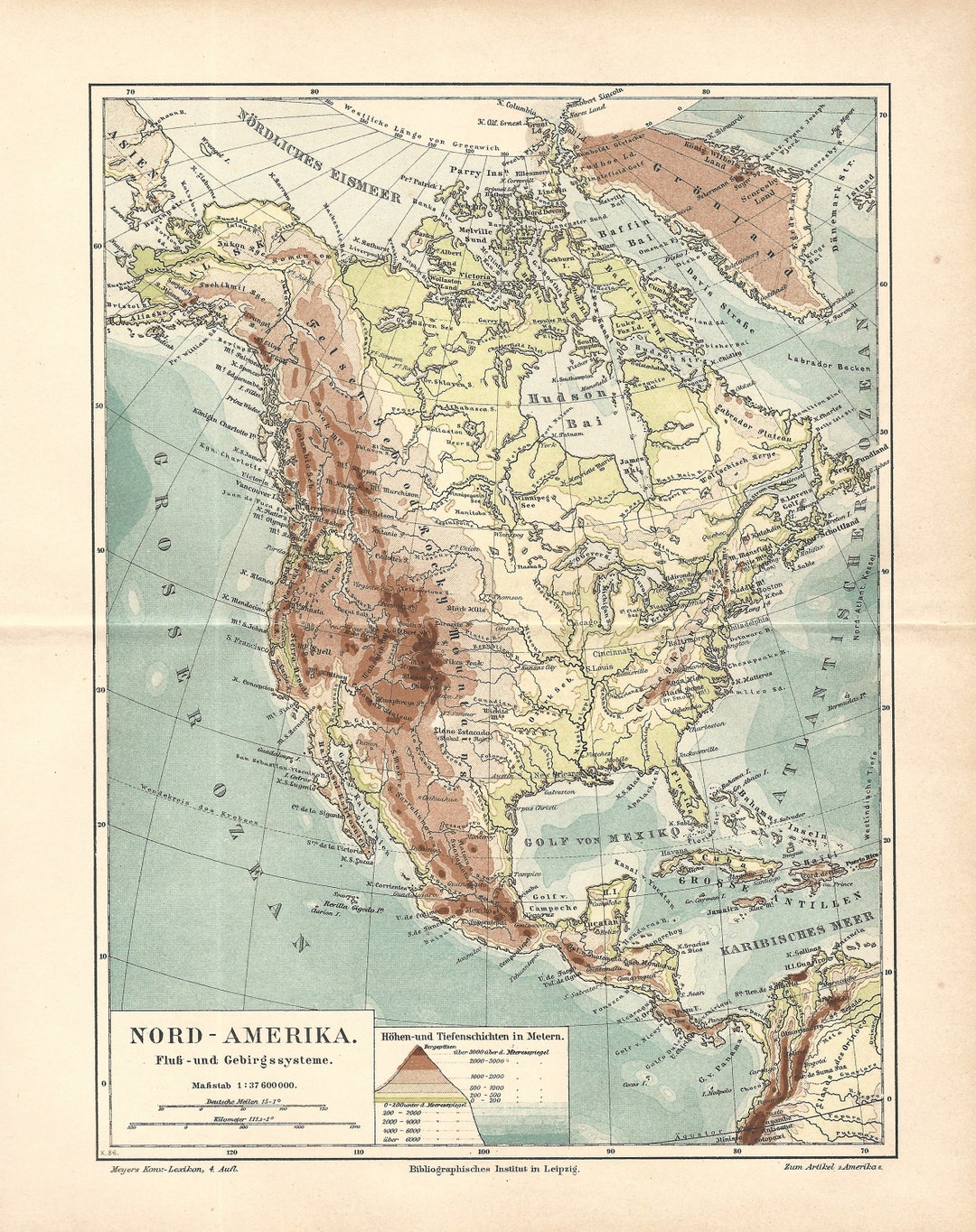 1885 North America Relief Map River and Mountain System Original ...
