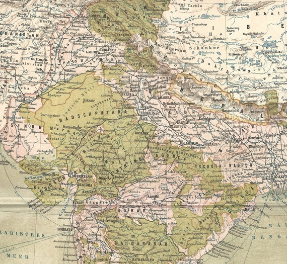 1885 Antique Map of India British Raj Nepal Bhutan Paquistan - Etsy