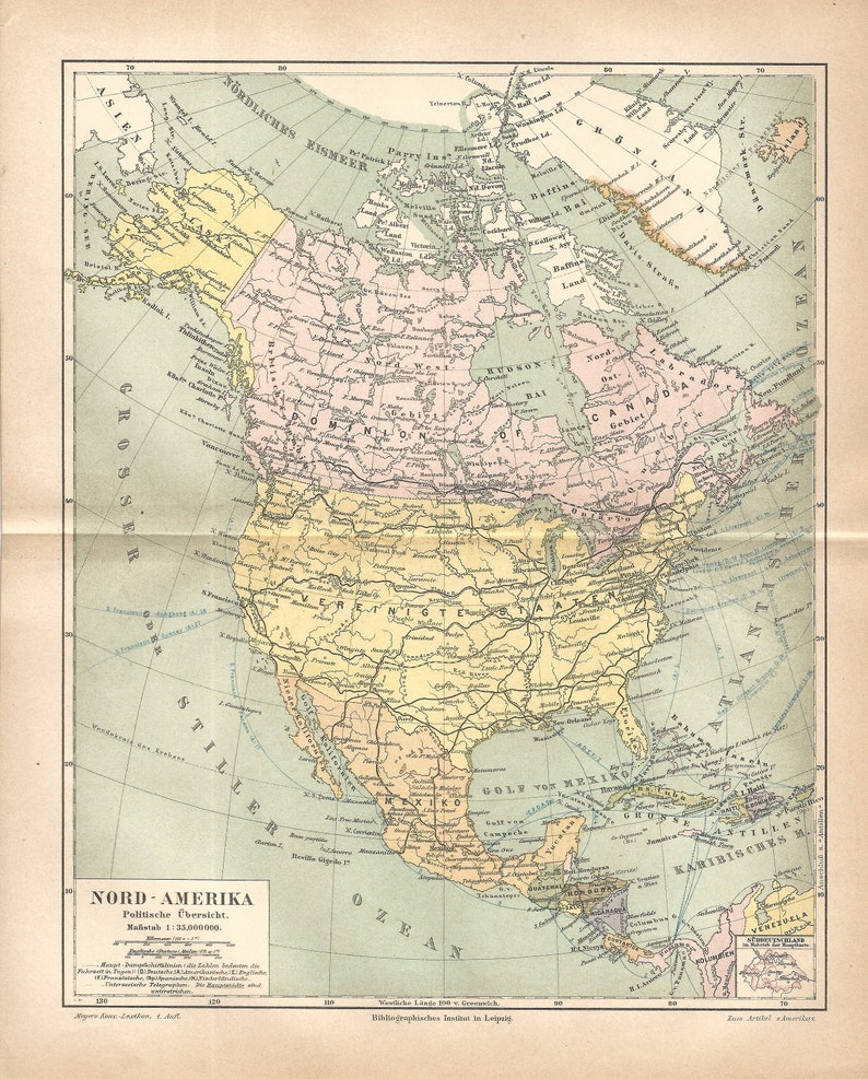 1885 Political Map of North America Original Antique Color Lithograph ...