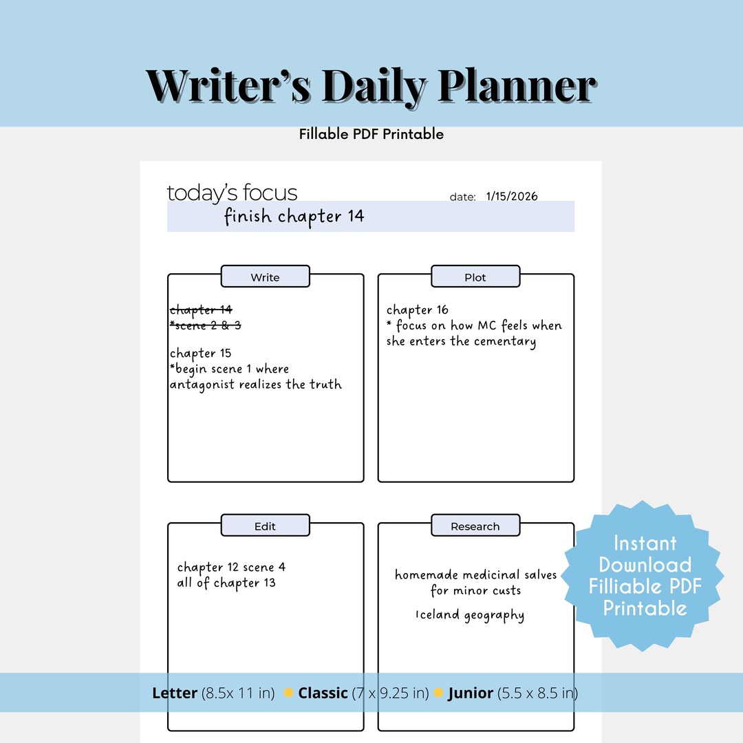 Daily Writing Planner Printable | Writer Productivity Planner Worksheet ...