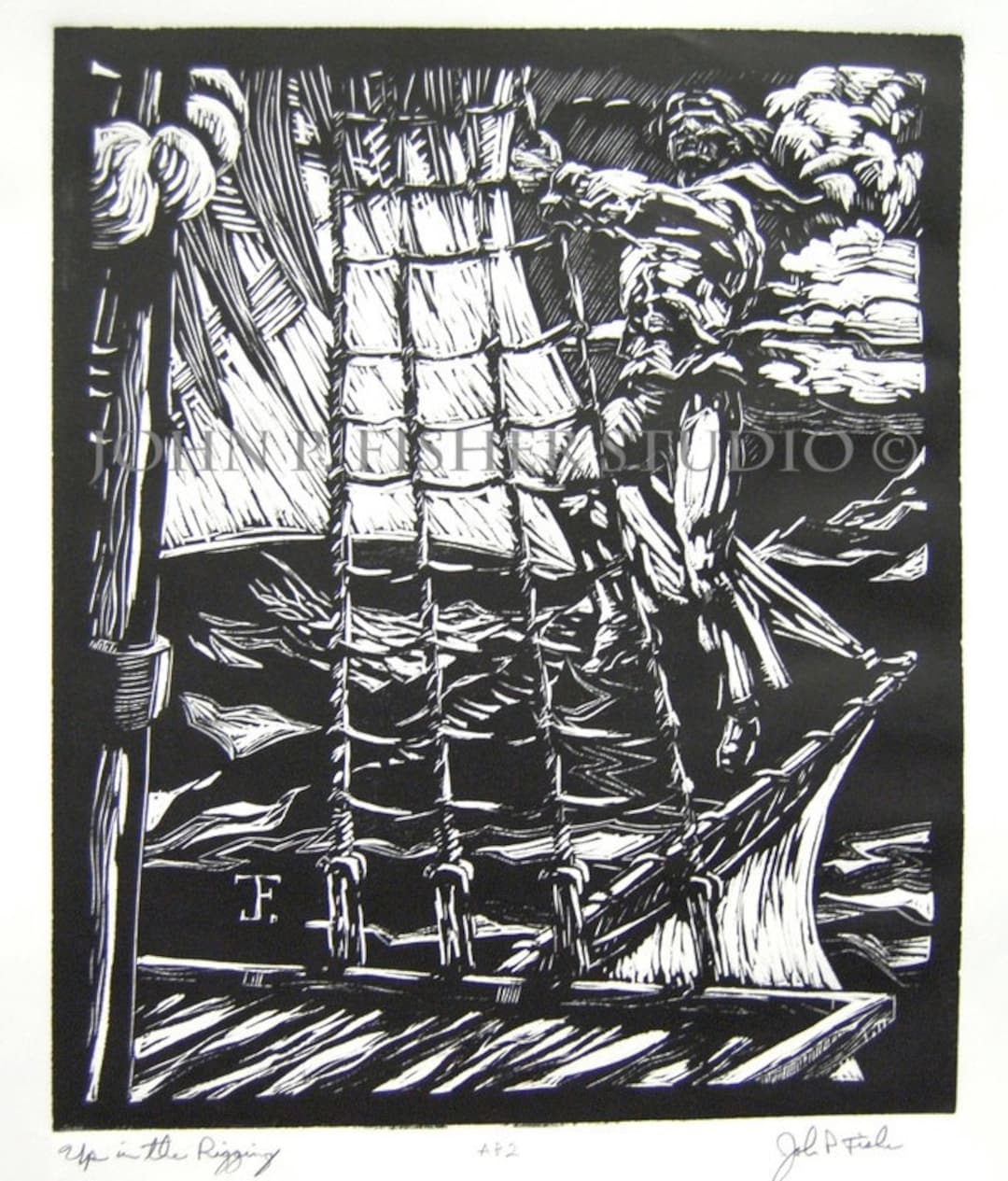 Sailor up in the Rigging of Old Ship, Linocut - Etsy