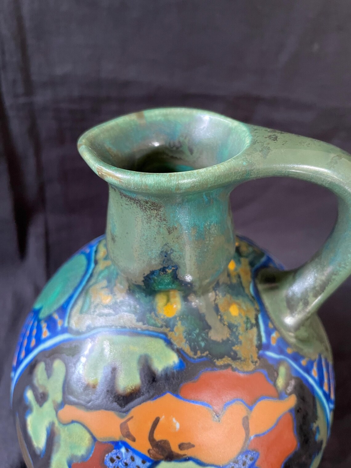 Antique Dutch Gouda Pottery Pitcher. Approx 1920. Several Marks. Decor ...