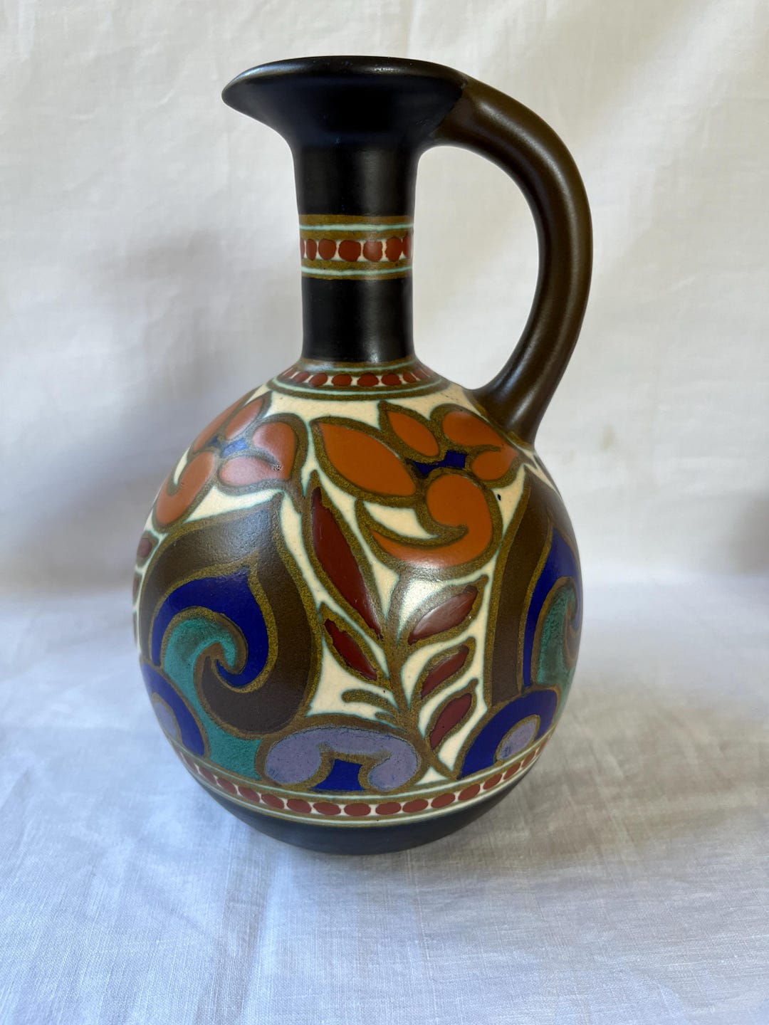 Antique Dutch Gouda Pottery Pitcher. Approx 1920. Several Marks. Decor ...
