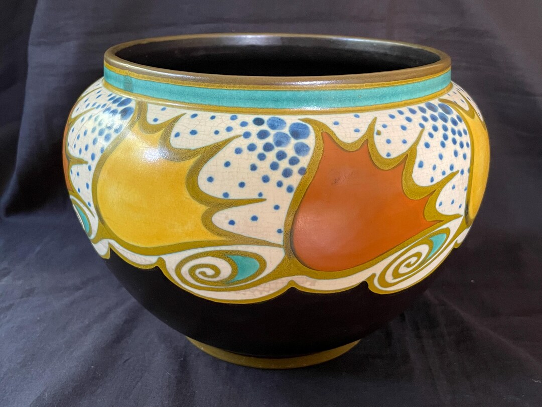 Antique 1920 S Large Dutch Gouda Art Pottery Cachepot Flowerpot ...