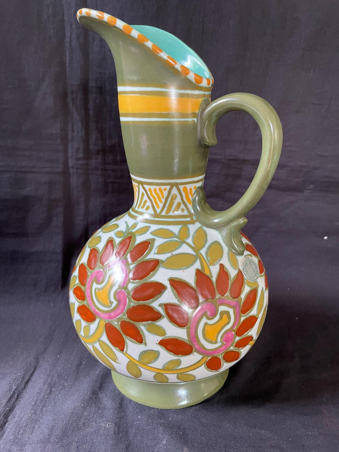 Antique Dutch Gouda Pottery Pitcher. Approx 1920. Several Marks. Decor ...