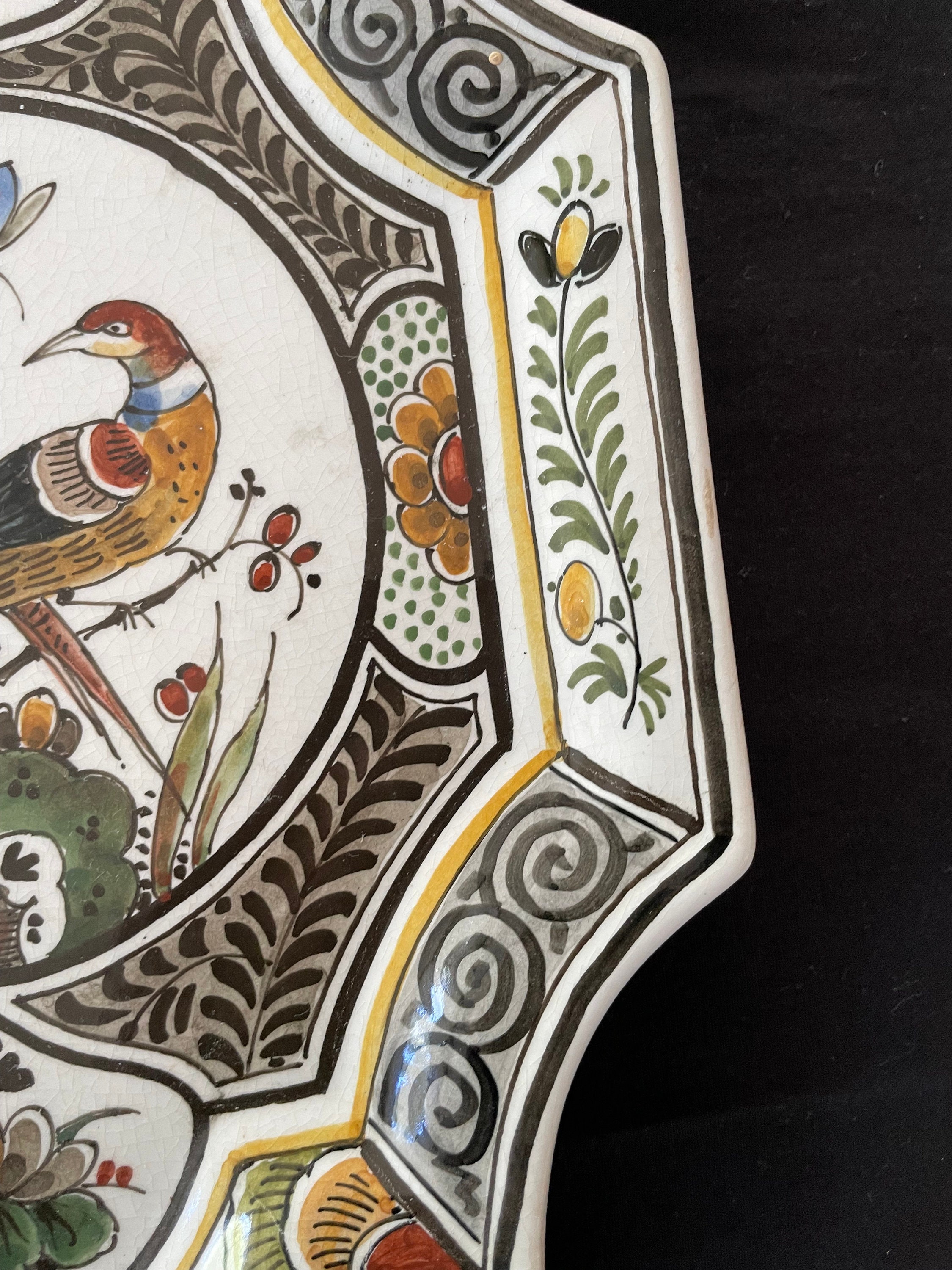 Antique Dutch Delft Plate Birds & Flowers Art Polychrome Decorative ...