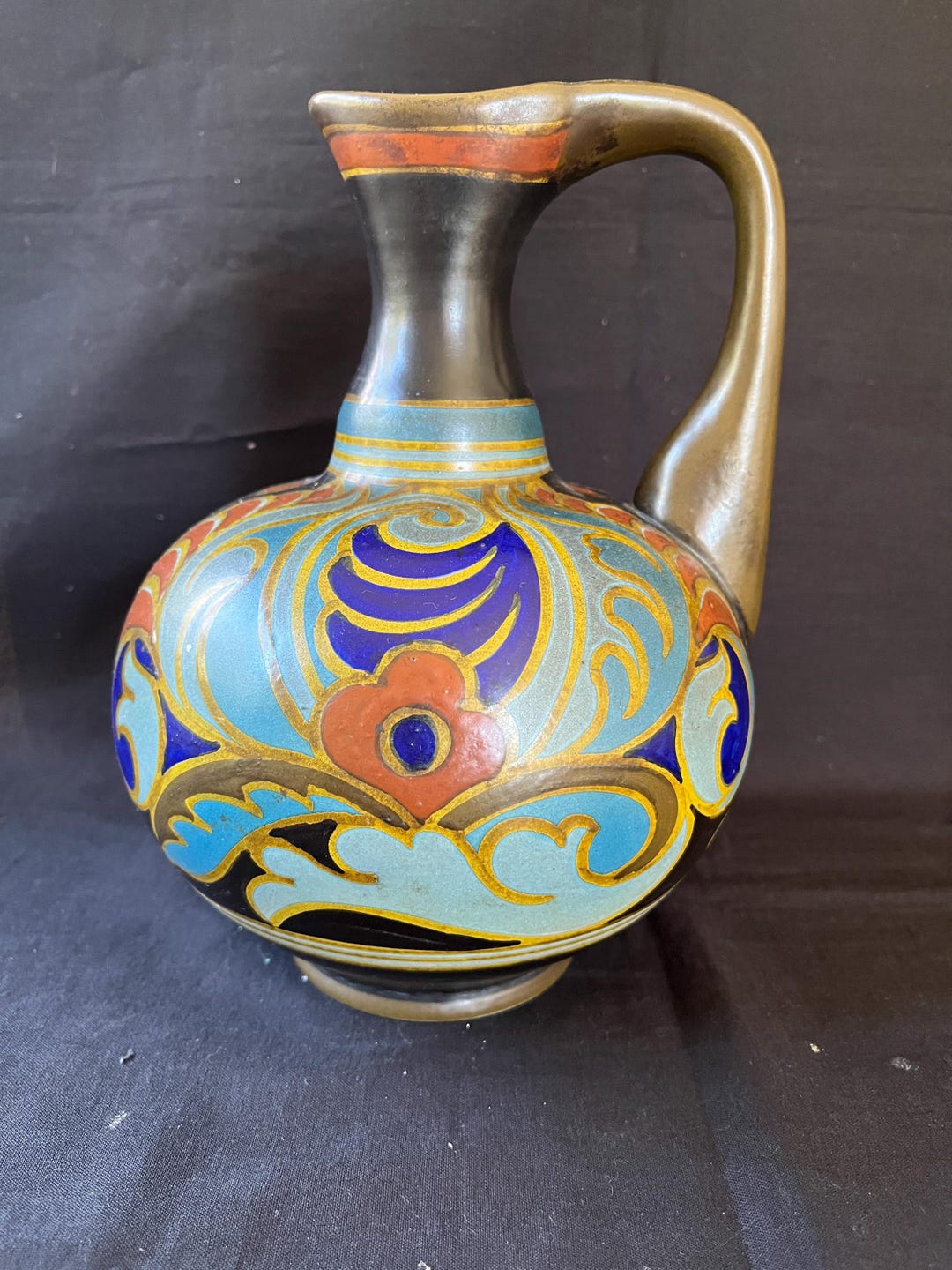Antique Dutch Gouda Pottery Pitcher. Approx 1920. Several Marks. Decor ...
